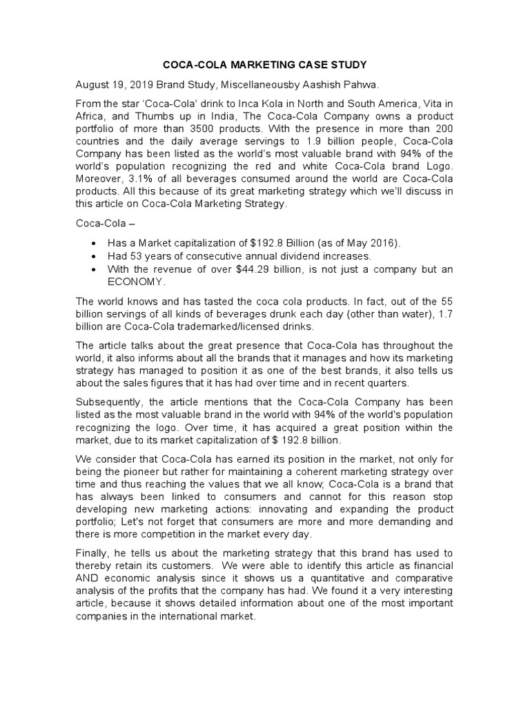 Coca-Cola Marketing Case Study | PDF | The Coca Cola Company | Brand