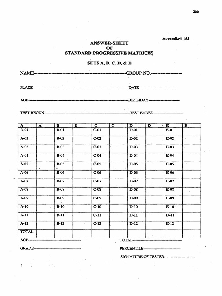 Answer-Sheet OF Standard Progressive Matrices Sets A, B. C, D, & E | PDF