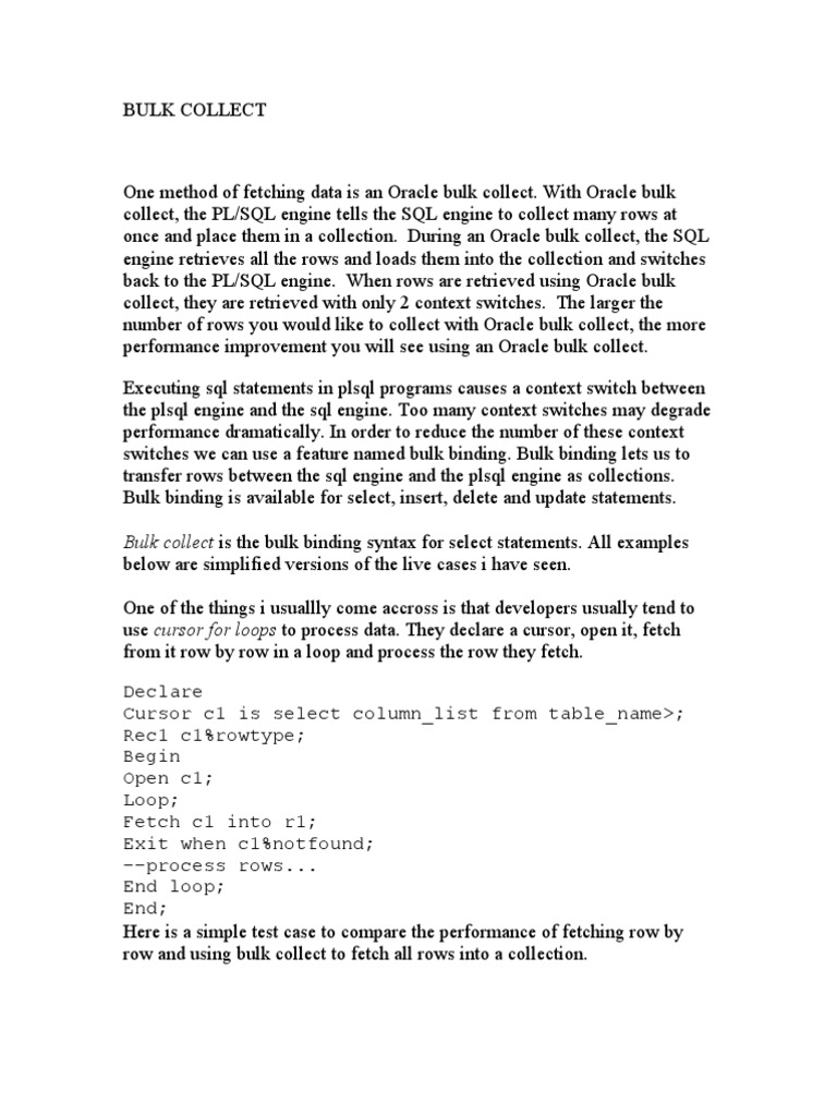 Bulk Collect | PDF | Pl/Sql | Software Engineering