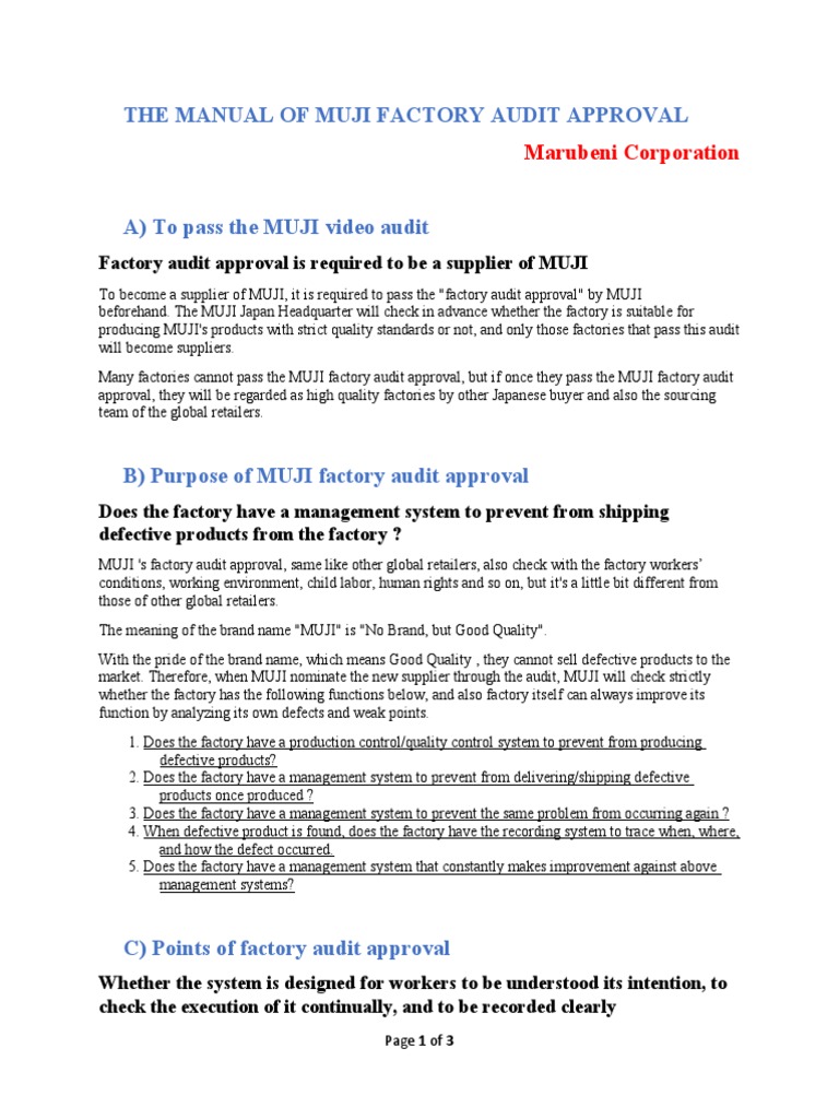 The Manual of Muji Factory Audit Approval: Marubeni Corporation | PDF ...