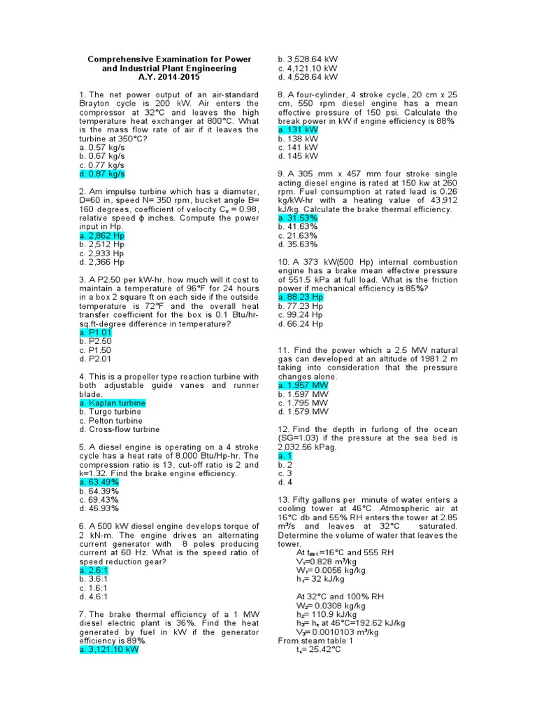 Comprehensive Examination For Power and Industrial Plant Engineering A ...
