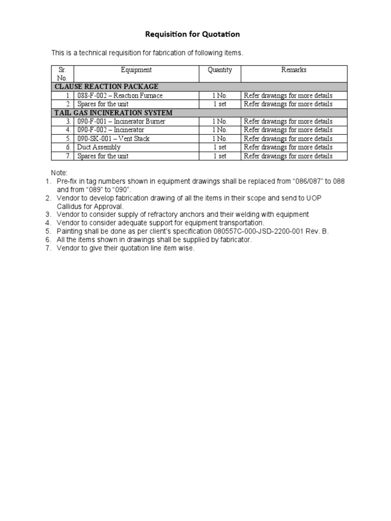 Requisition For Quotation: Clause Reaction Package | PDF | Metal ...