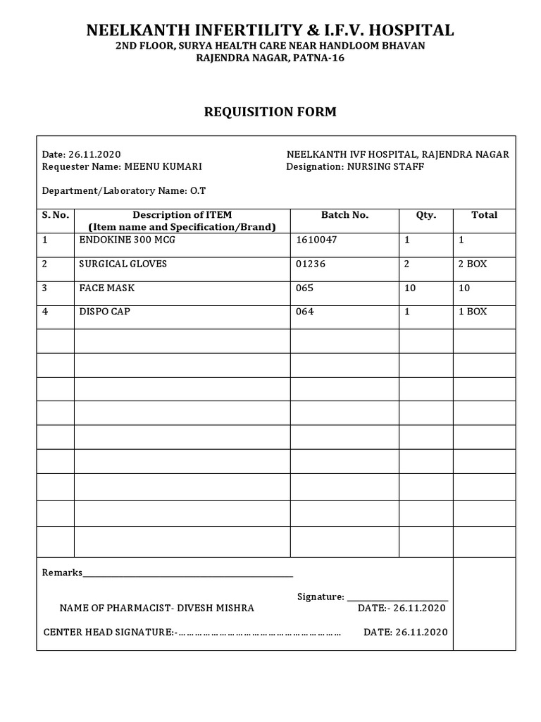Neelkanth Infertility & I.F.V. Hospital: Requisition Form | PDF