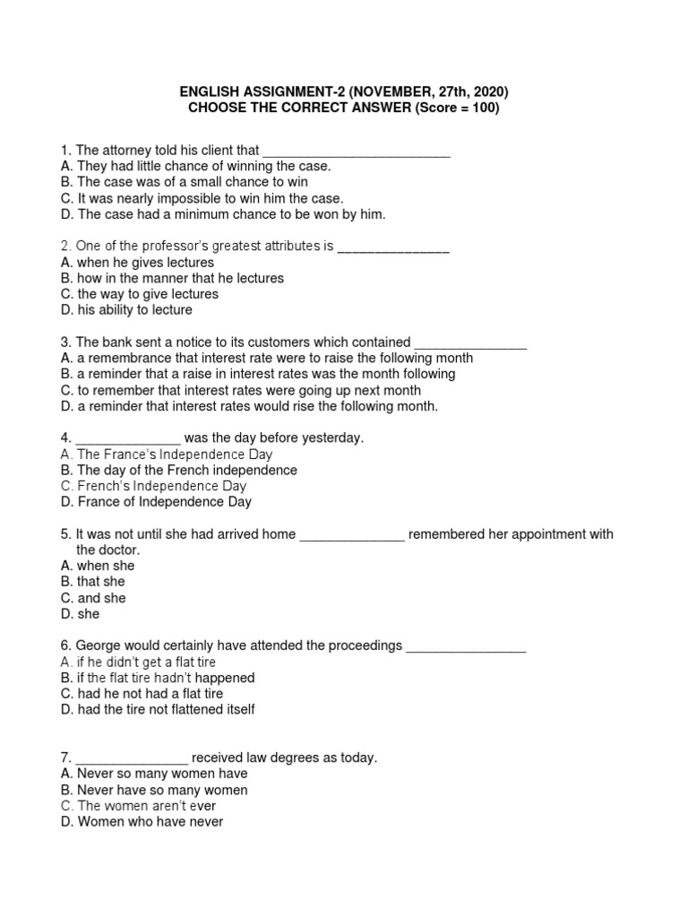 English Assignment-2 (November, 27Th, 2020) Choose The Correct Answer ...