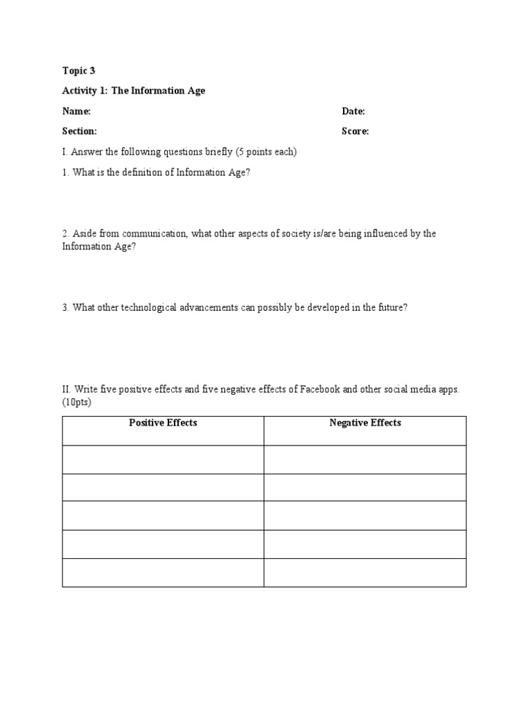 Topic 3 Activity 1: The Information Age Name: Date: Section: Score | PDF