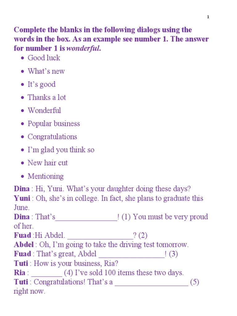 Complete The Blanks in The Following Dialogs Using The Words in The Box ...