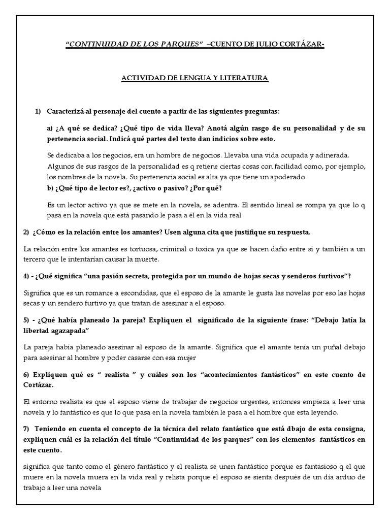 Análisis del cuento "Continuidad de los parques" | PDF | Fantasía | Novelas