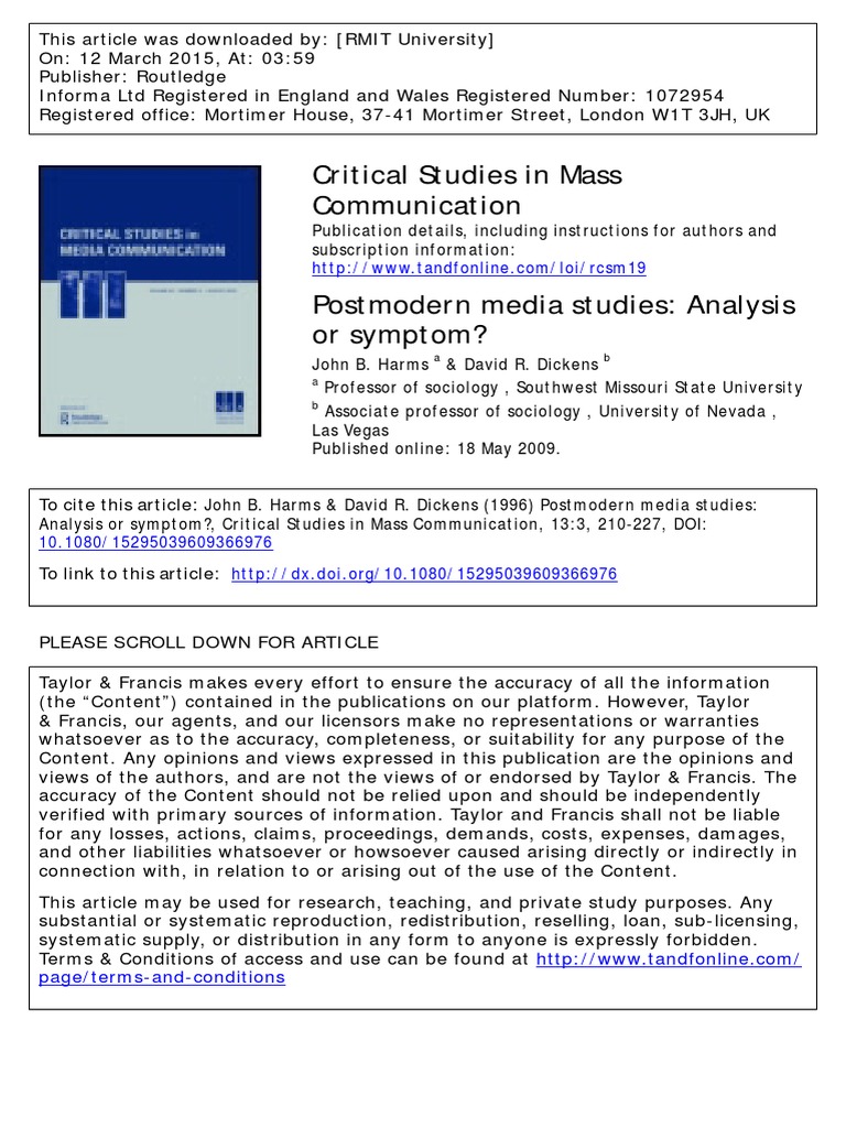 Critical Studies in Mass Communication | PDF | Postmodernism | Discourse