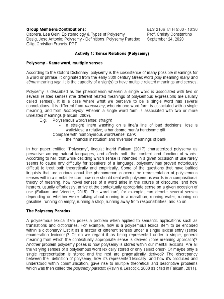 Activity 1 - Sense Relations Polysemy | PDF | Lexicon | Word