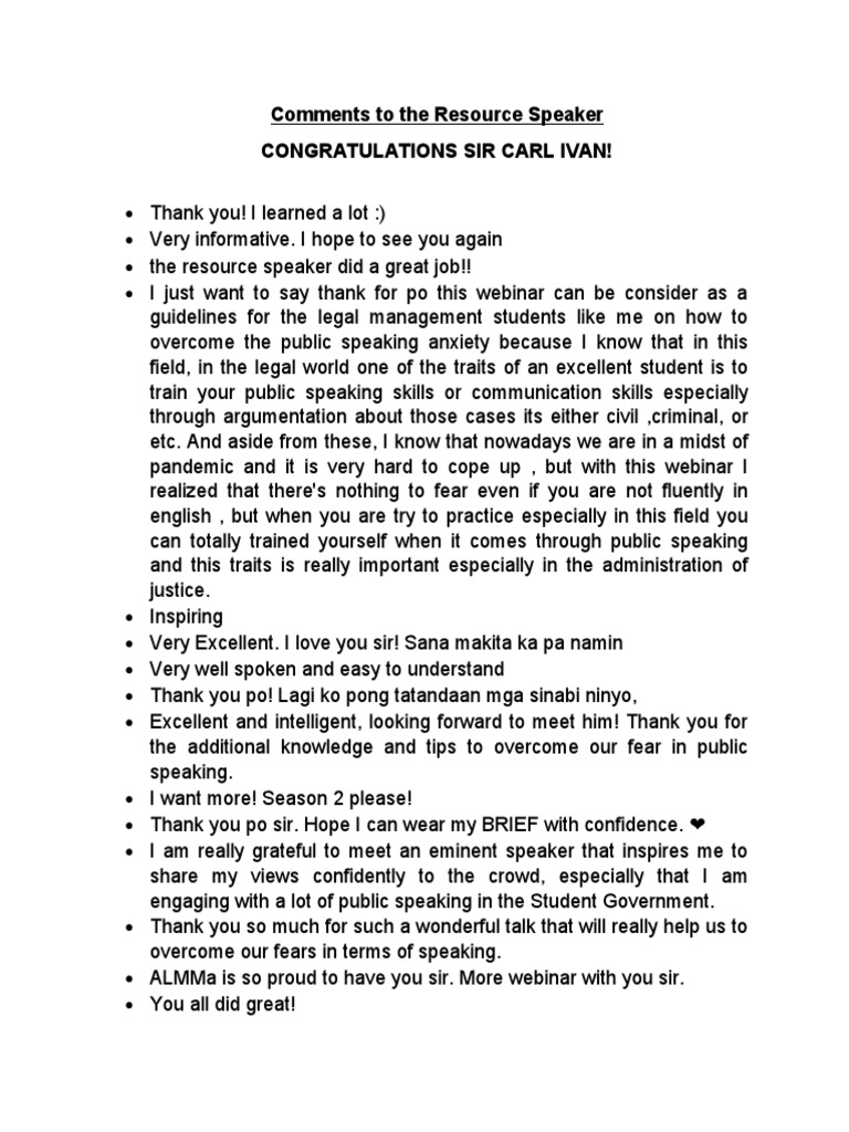 Comments To The Resource Speaker | PDF | Public Speaking | Behavioural ...