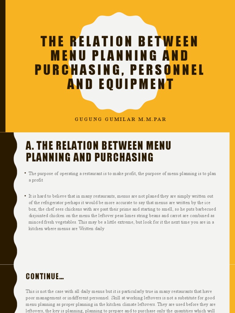 The Relation Between Menu Planning and Purchasing, Personnel and ...