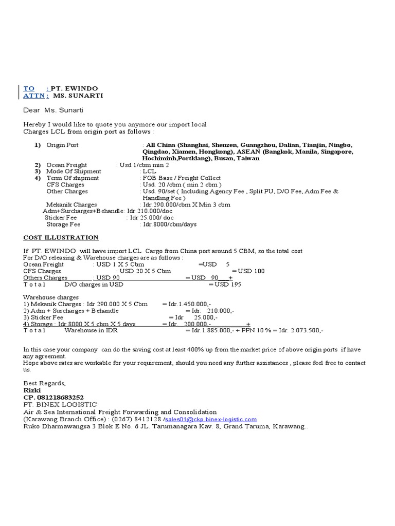 Quotation Freight LCL Pt. Ewindo | PDF | Cargo | Supply Chain Management