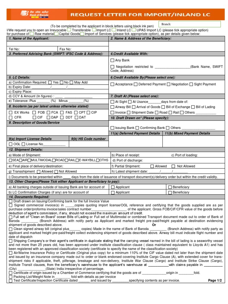 BOB Import Inland LC Application Form 20-06-2020 | PDF | Cargo ...