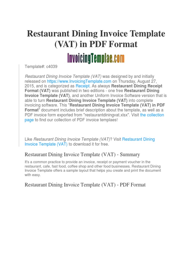 Restaurant Dining Invoice Template (VAT) in PDF Format | PDF