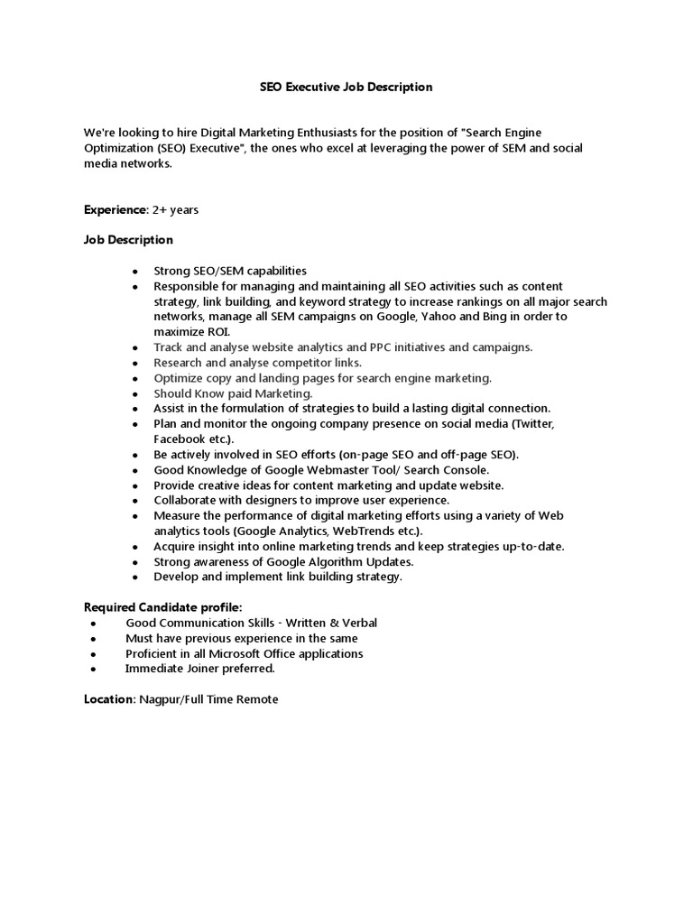 SEO Executive Job Description | PDF