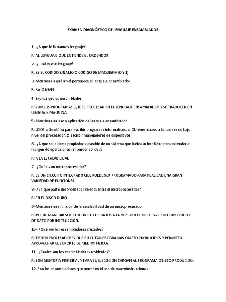 Examen Diagnóstico de Lenguaje Ensamblador | PDF | Lenguaje ensamblador | Lenguaje de programación