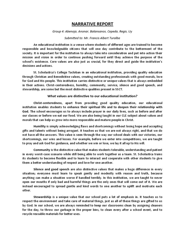 Narrative Report: Group 4: Abenoja, Anonar, Balansanos, Cepeda, Regis ...
