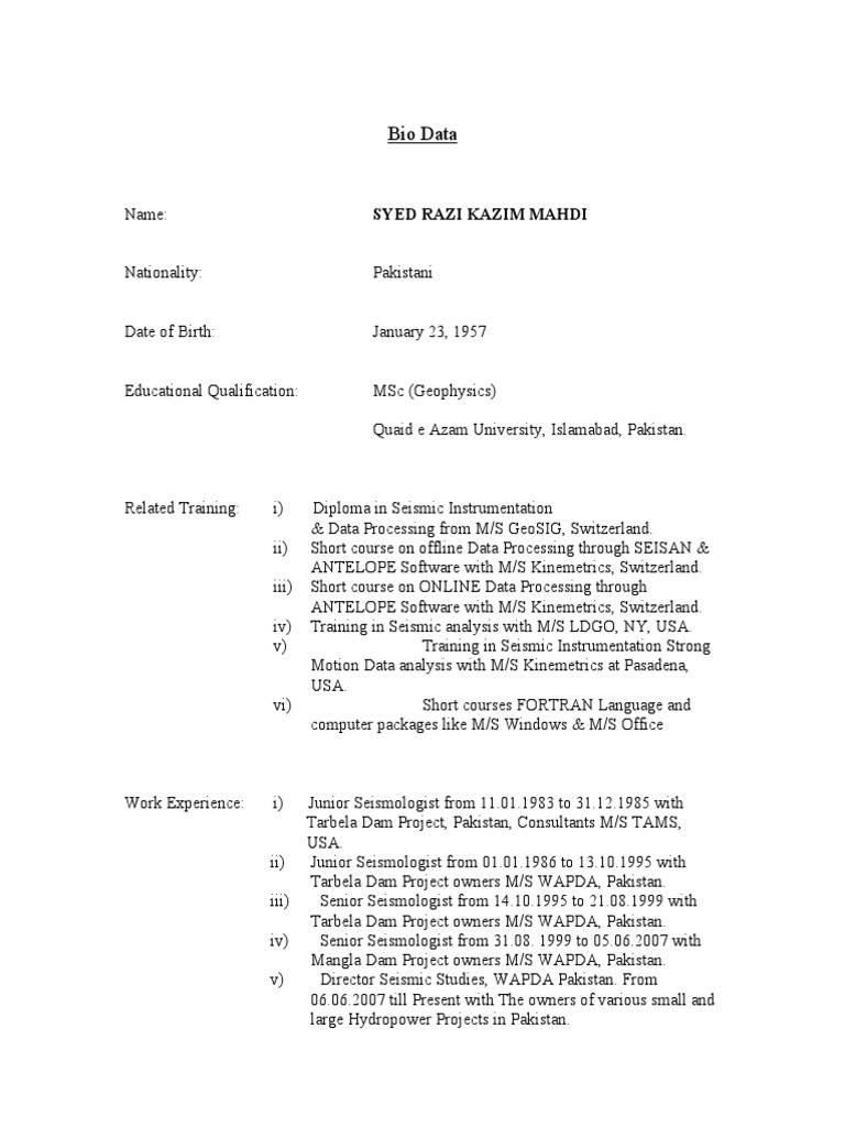 Bio Data: Syed Razi Kazim Mahdi | PDF | Earthquakes | Seismology