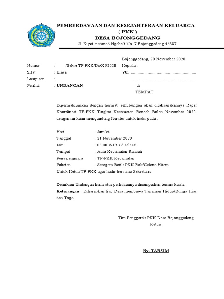 Surat Undangan PKK Desa Bojonggedang | PDF
