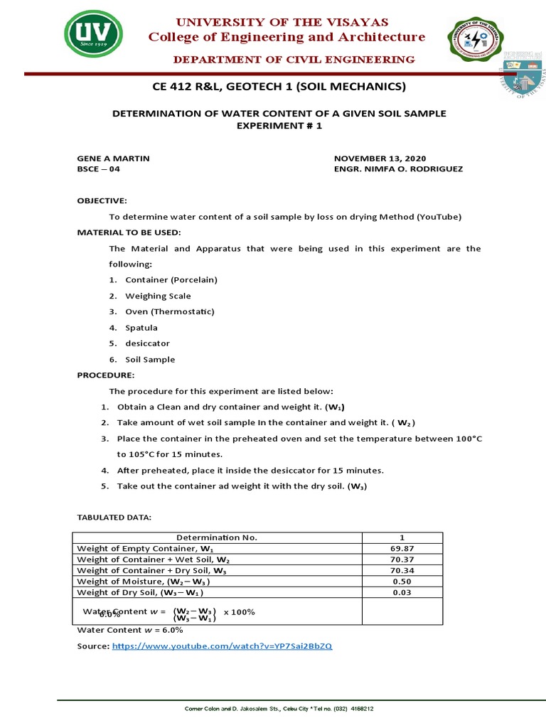 College of Engineering and Architecture: Ce 412 R&L, Geotech 1 (Soil Mechanics) | PDF | Weight ...