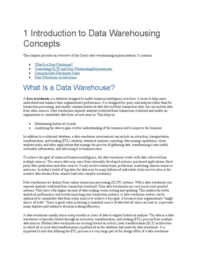 1 Introduction To Data Warehousing Concepts: What Is A Data Warehouse? | PDF | Data Warehouse ...