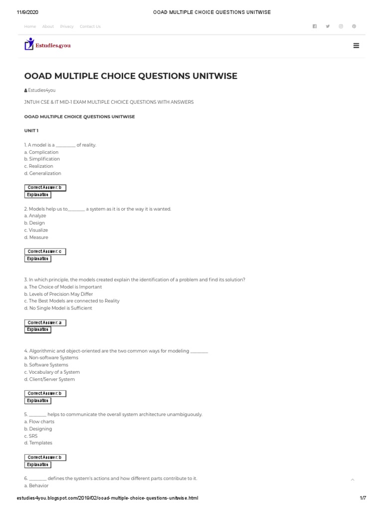Ooad Multiple Choice Questions Unitwise Unit 1 | PDF | Class (Computer Programming) | Use Case