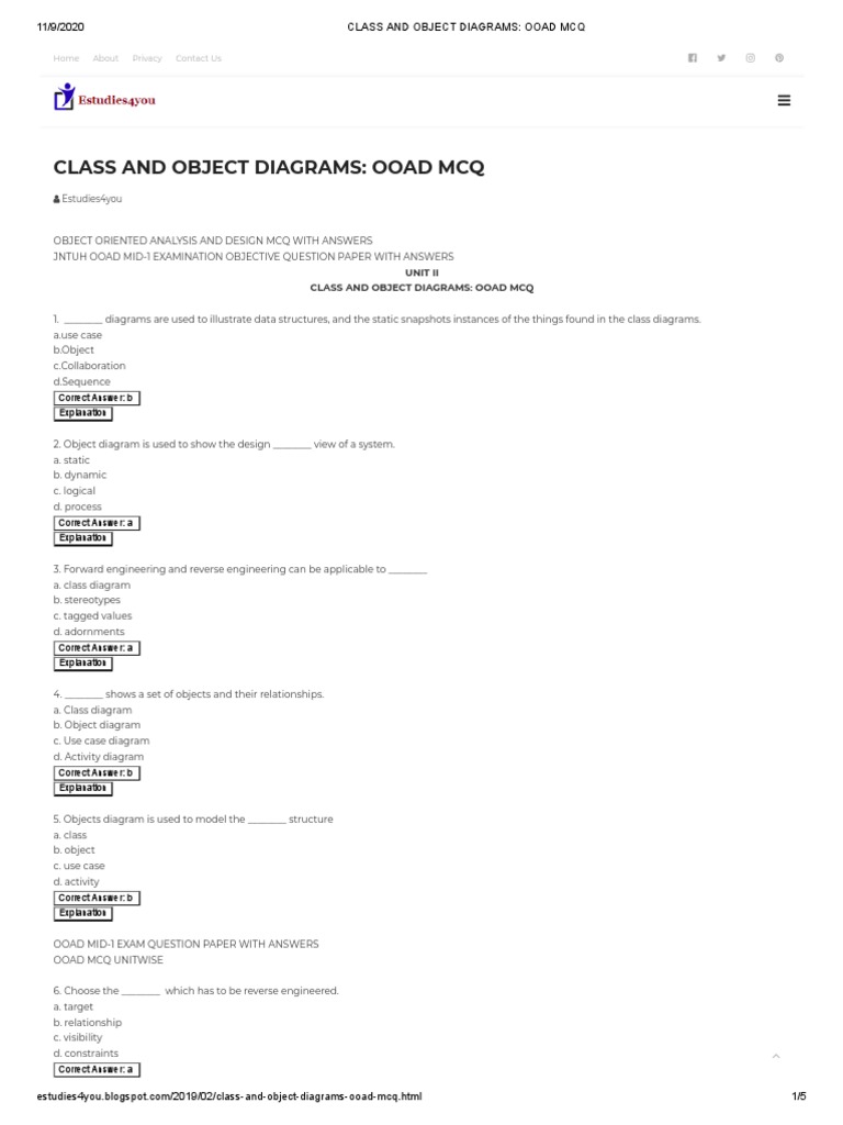Class and Object Diagrams: Ooad MCQ: Estudies4you | PDF | Unified ...