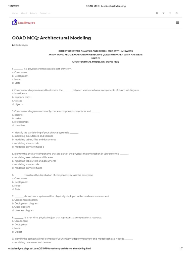 OOAD MCQ: Architectural Modeling | PDF | Class (Computer Programming) | Component Based Software ...