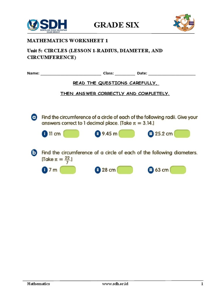 Grade 6 Circle Measurements Worksheet | PDF
