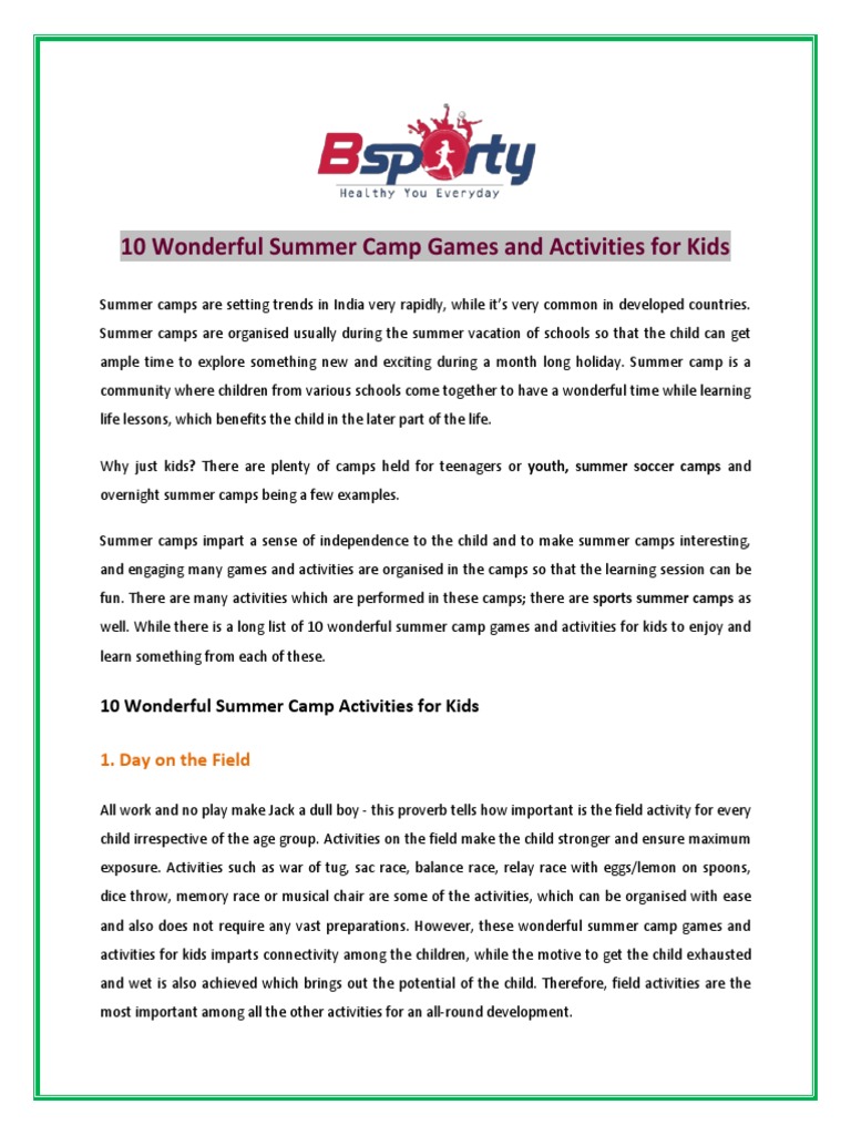 10 Wonderful Summer Camp Games and Activities For Kids | PDF