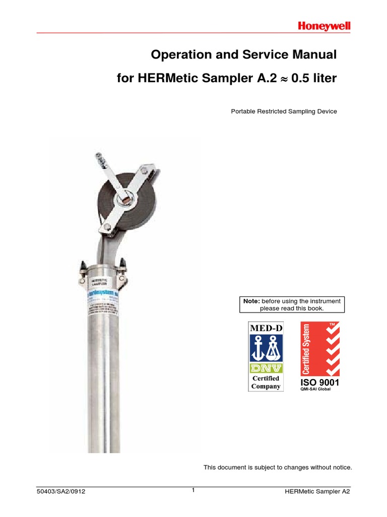 Operation and Service Manual For Hermetic Sampler A.2: 0.5 Liter | PDF ...