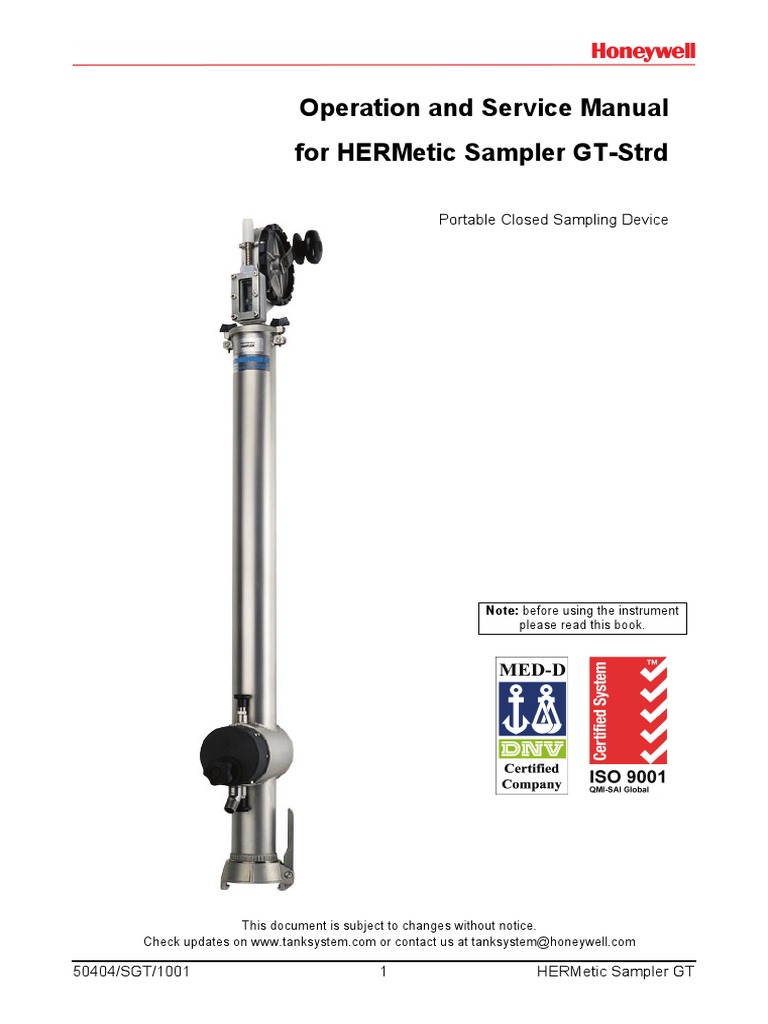 Operation and Service Manual For Hermetic Sampler GT-STRD: Portable ...
