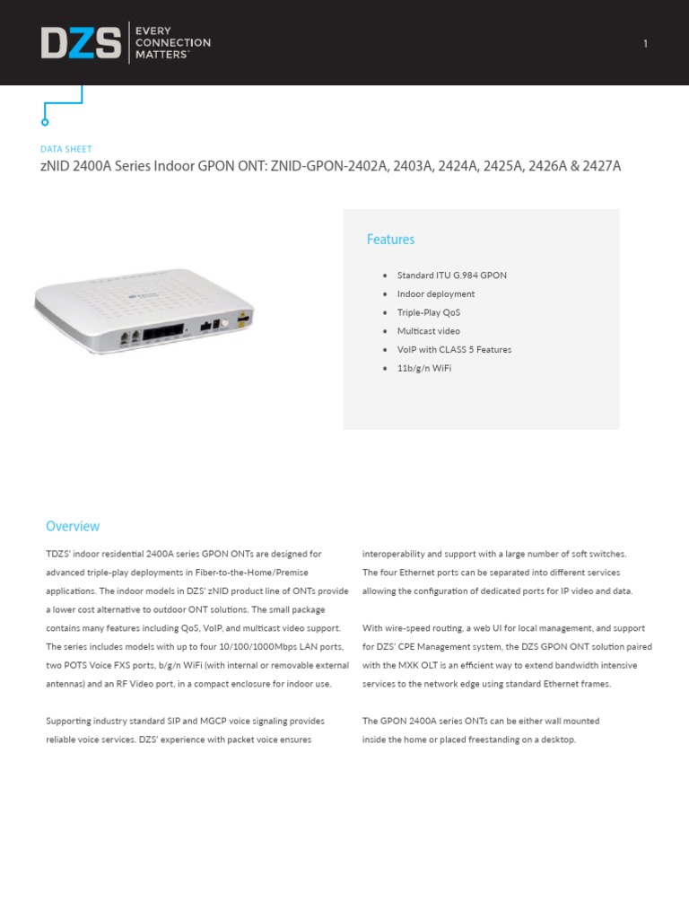 zNID 2400A Series Indoor GPON ONT: ZNID-GPON-2402A, 2403A, 2424A, 2425A ...