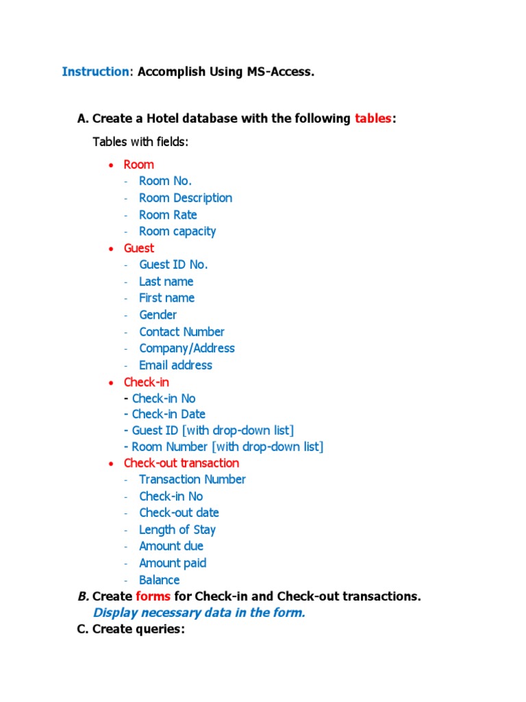A. Create A Hotel Database With The Following::: Accomplish Using MS ...
