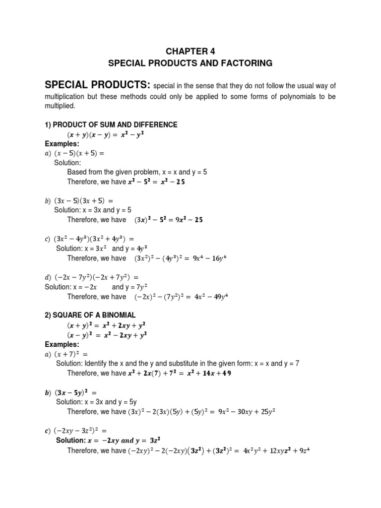 Special Products and Factoring | PDF | Factorization | Polynomial