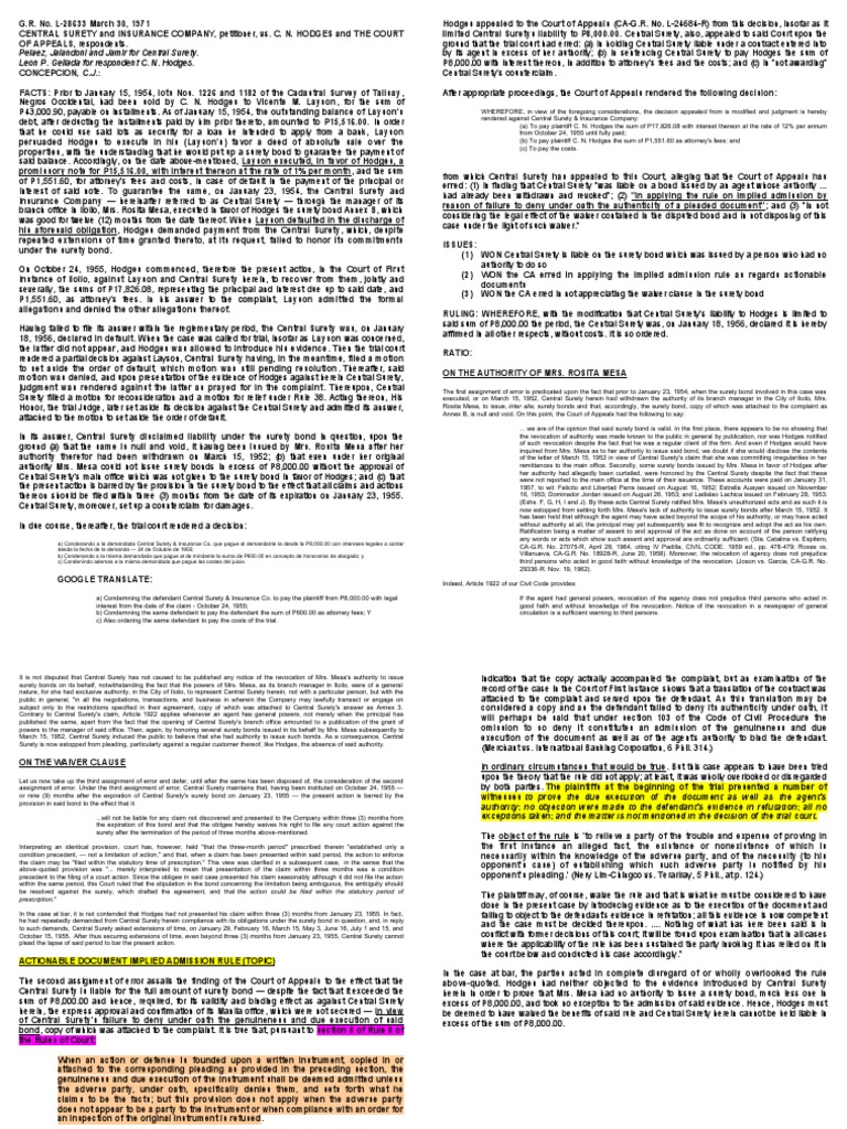 Central Surety V Hodges | PDF | Surety | Guarantee