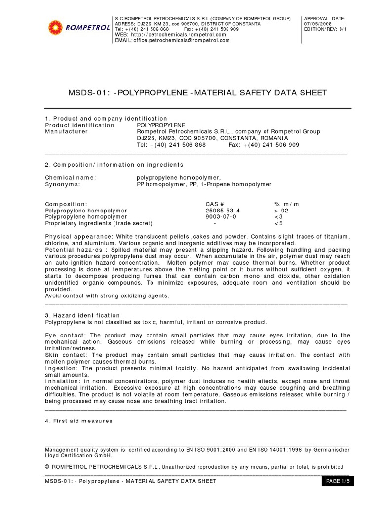 MSDS PP Tech Data | PDF | Fires | Firefighting