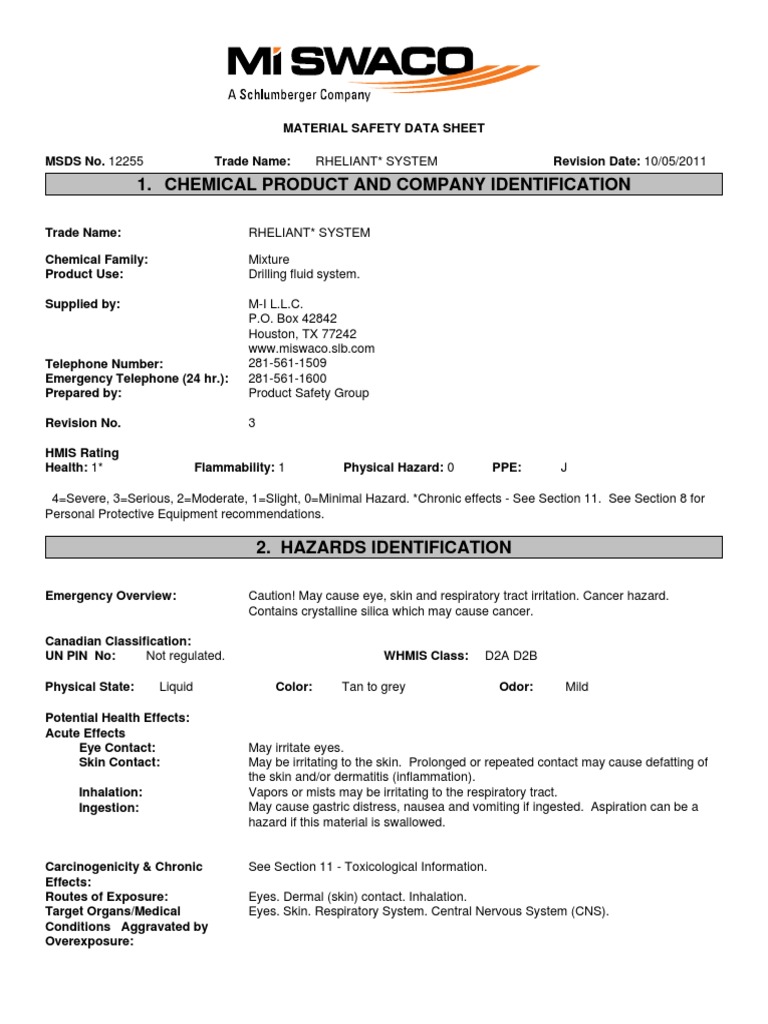 MSDS Rheliant System | PDF | Firefighting | Silicon Dioxide