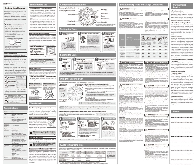 Citizen Watch Instruction Manual: Precautions, Warranty Information ...