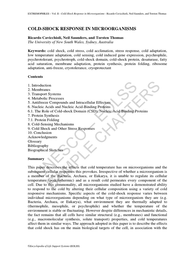 Unesco - Eolss Sample Chapters: Cold-Shock Response in Microorganisms ...