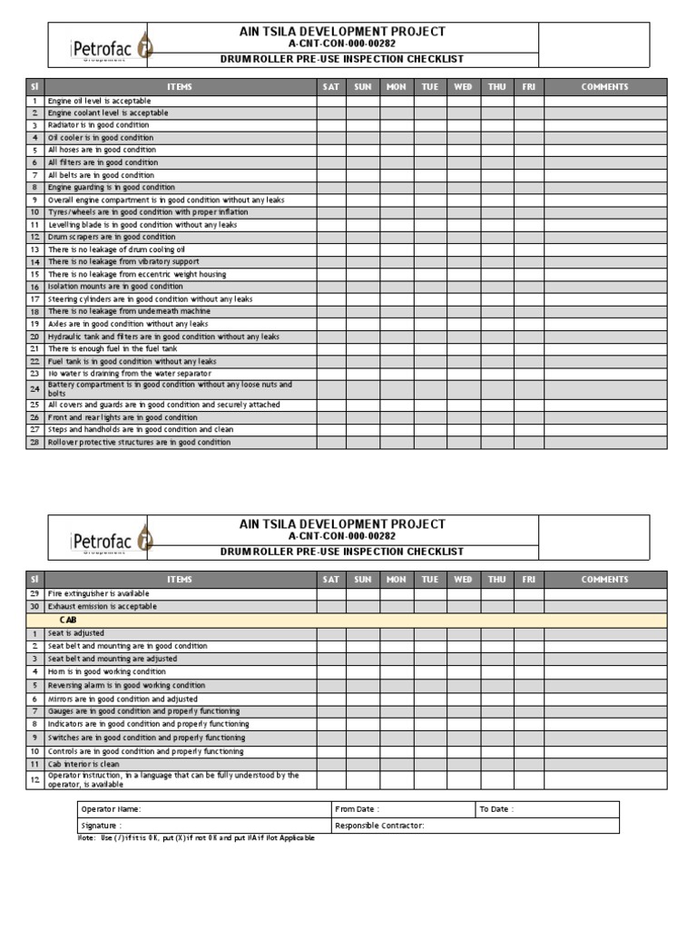 Drum Roller Pre-Use Inspection Checklist | PDF | Automotive Industry ...