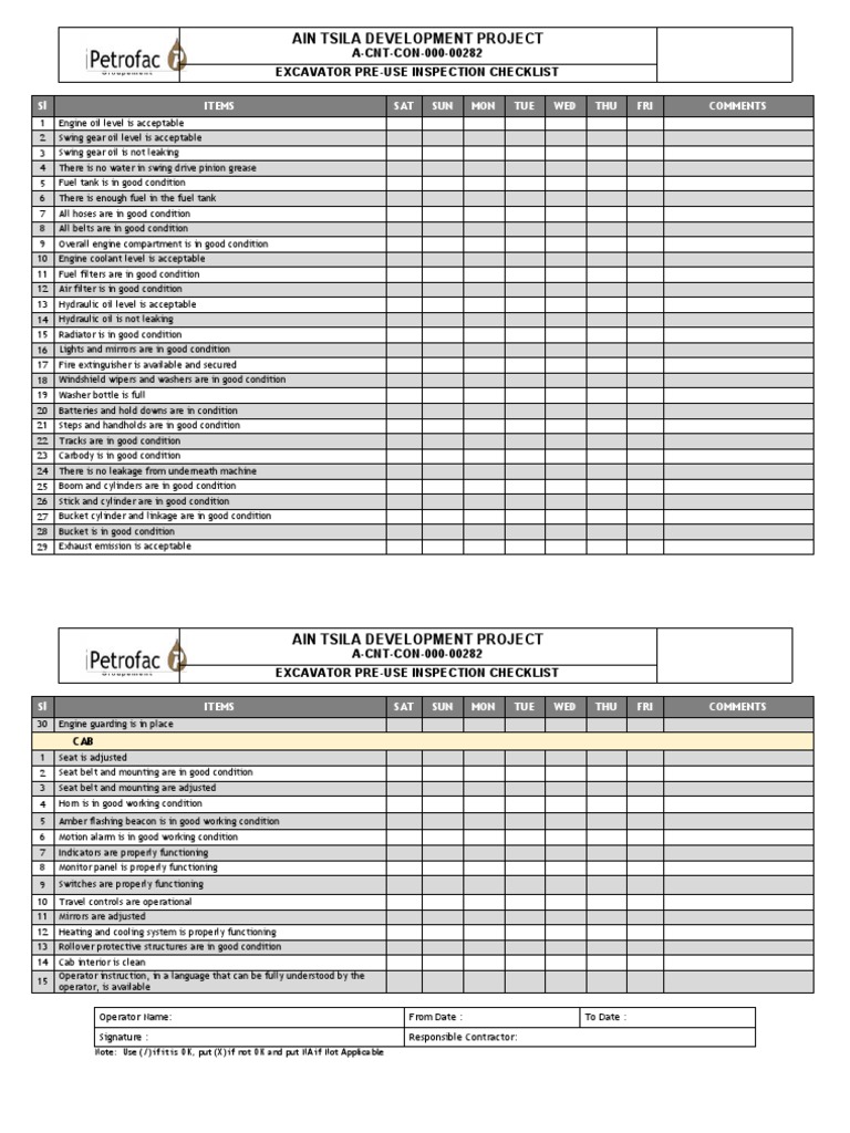 Excavator Pre-Use Inspection Checklist | PDF | Motor Vehicle | Machines