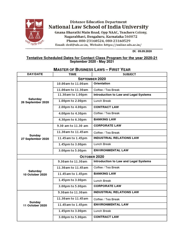 M B L - F Y: Tentative Scheduled Dates For Contact Class Program For ...