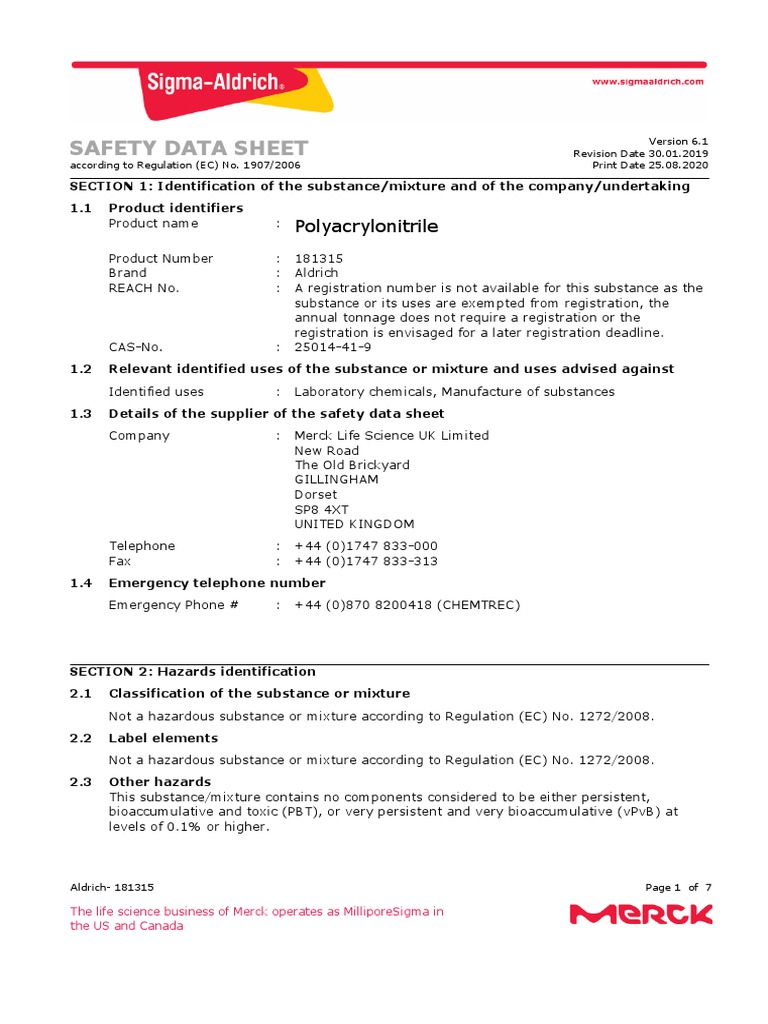 Safety Data Sheet: Polyacrylonitrile | PDF | Toxicity | Dangerous Goods