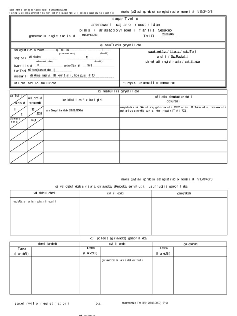 Saqartvelo Amonaweri Sajaro Reestridan Binis / Arasacxovrebeli Fartis ...