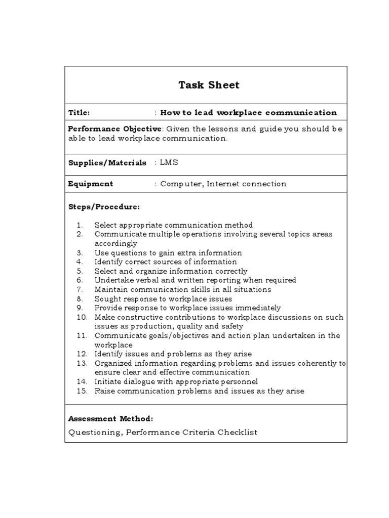Task Sheet Lead Workplace Communication | PDF | Goal | Communication