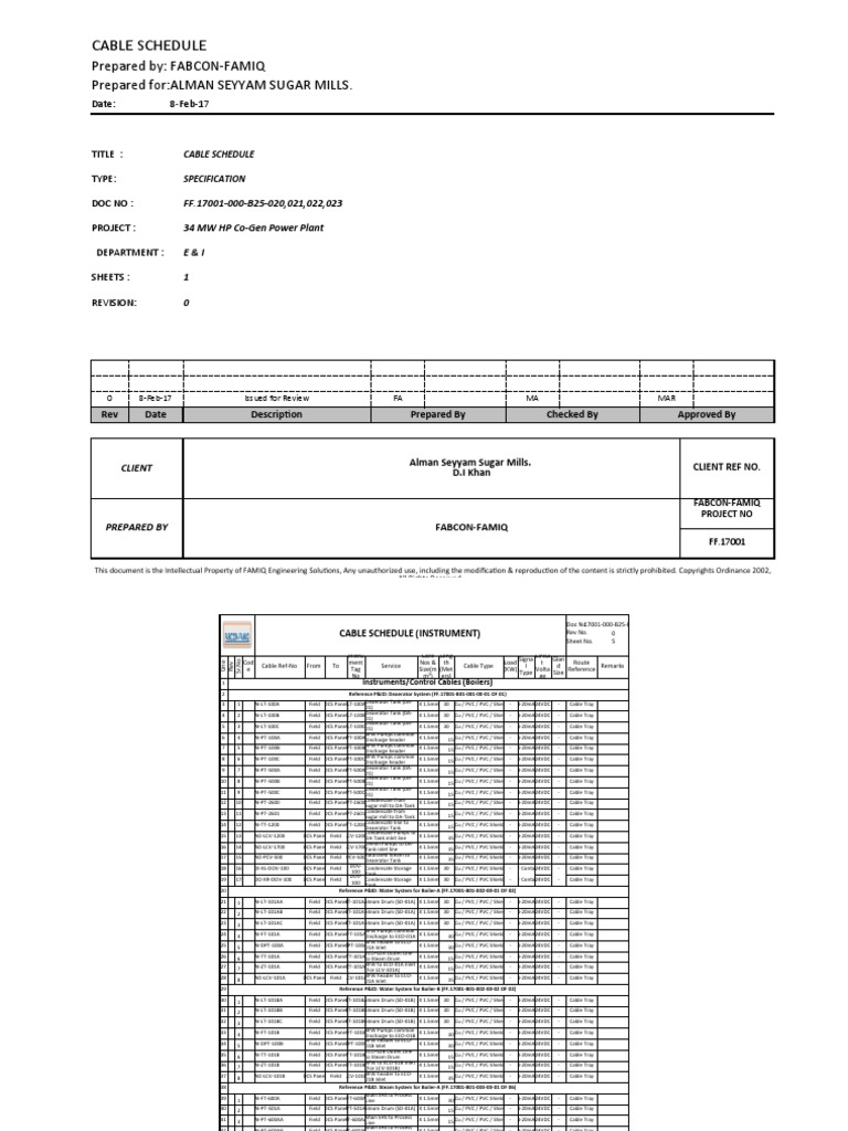 Cable Schedule (FF.17001) | PDF | Energy Conversion | Machines