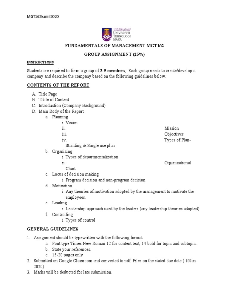 MGT162 Group Assignment Guidelines | PDF