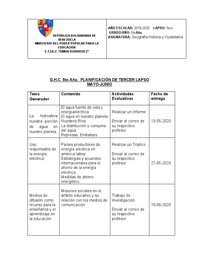 5to Año Planificación GHC MAYO-JUNIO 3ER LAPSO | PDF