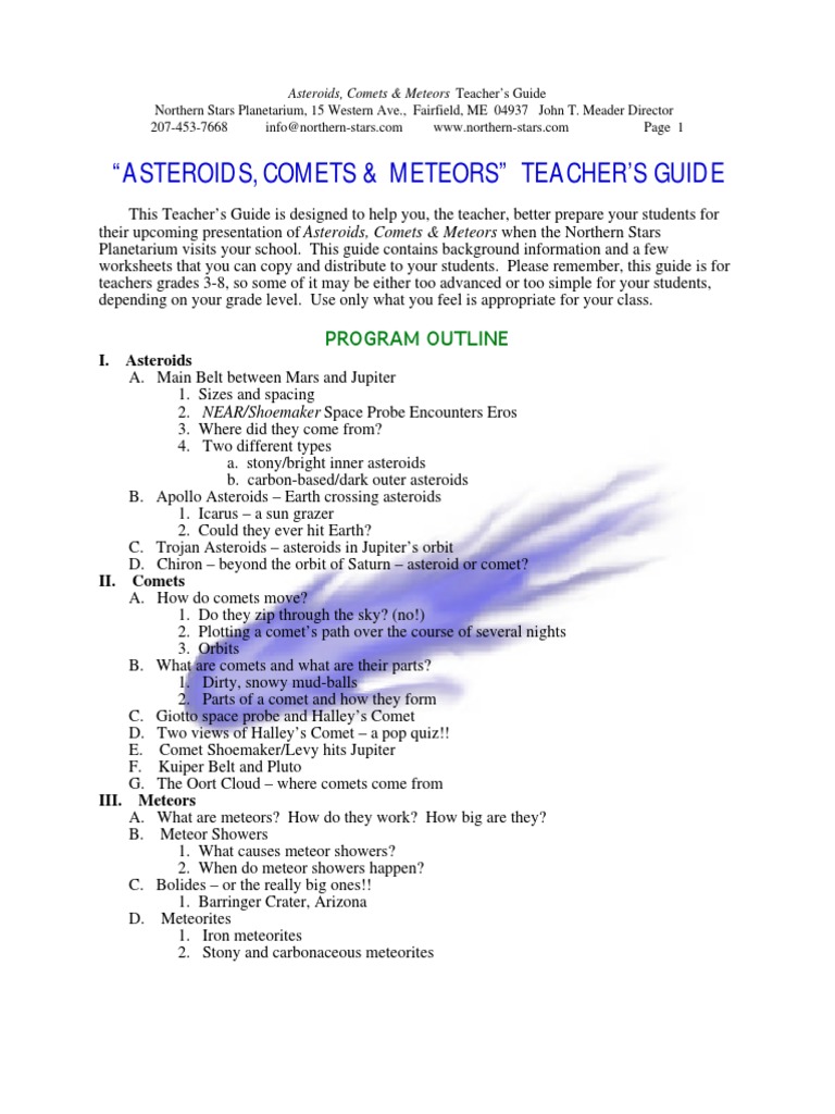 "Asteroids, Comets & Meteors" Teacher'S Guide: Program Outline | PDF ...